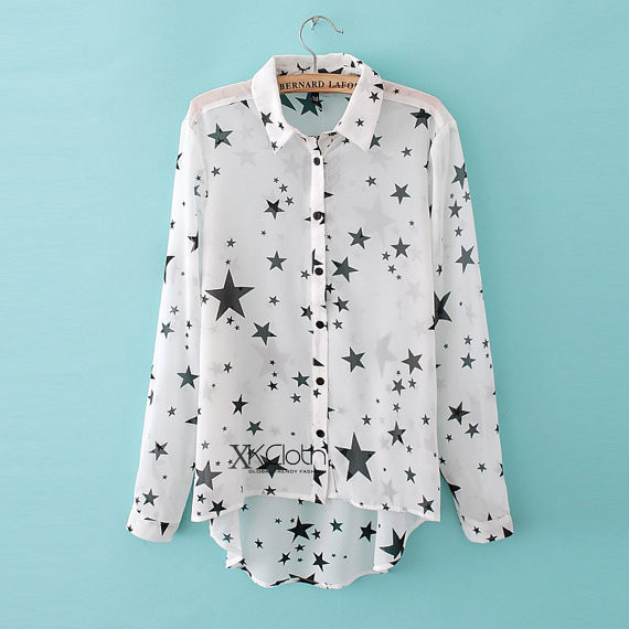 Chiffon Blouse With Stars Printed T1391 Women Chiffon Blouse/heart ...
